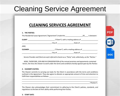 Cleaning Service Agreement Template Printable Cleaning Business Forms