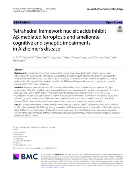 Pdf Tetrahedral Framework Nucleic Acids Inhibit Aβ Mediated Ferroptosis And Ameliorate