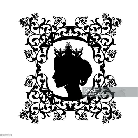 장미 꽃 흑백 벡터 장식 내부 크라운 프로필 머리를 입고 여왕 공주에 대한 스톡 벡터 아트 및 기타 이미지 공주 프레임