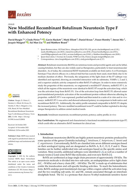 Pdf New Modified Recombinant Botulinum Neurotoxin Type F With Enhanced Potency