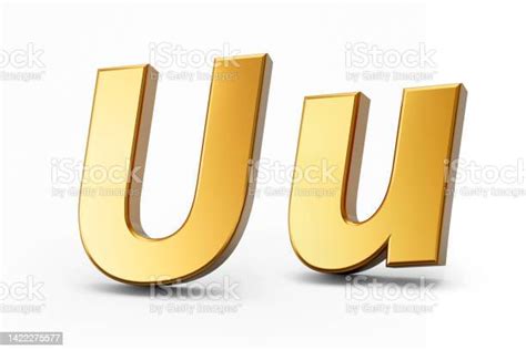 흰색 고립 된 배경 자본 및 작은 편지 3d 그림에 금 금속으로 된 3d 문자 U 3차원 형태에 대한 스톡 사진 및 기타 이미지 3차원 형태 공부 교육 Istock