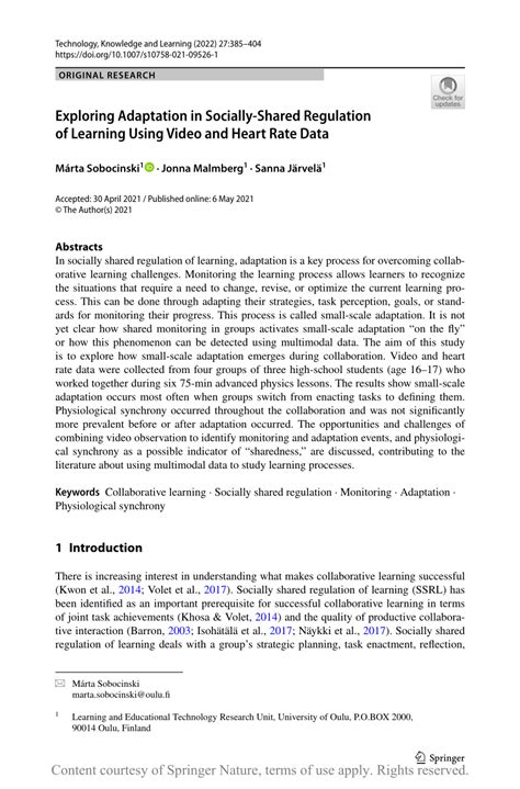 Pdf Exploring Adaptation In Socially Shared Regulation Of Learning Using Video And Heart Rate Data
