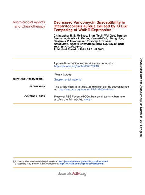 Pdf Decreased Vancomycin Susceptibility In Staphylococcus Aureus