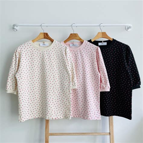 19써니 여름 여성 반팔 맨투맨 반팔티 미니튤립 플라워 꽃 퍼프 프린팅 티셔츠