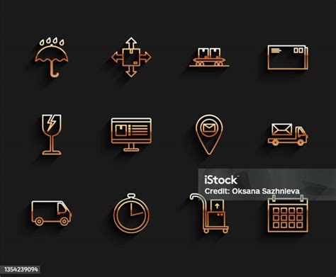 세트 라인 배달화물 트럭 차량 스톱워치 우산 및 비 방울 핸드 박스 캘린더 앱 배달 추적컴퓨터 모니터 포스트 및 자리 표시자