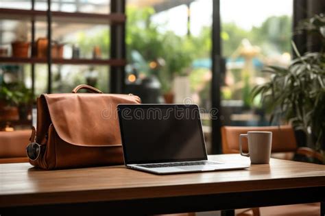 Workspace With Laptop Computer Empty Screen And Office Supply On Wooden