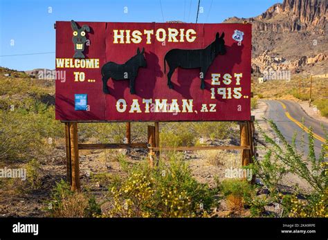 Entry Sign At Oatman Village On Historic Route 66 In Arizona Stock