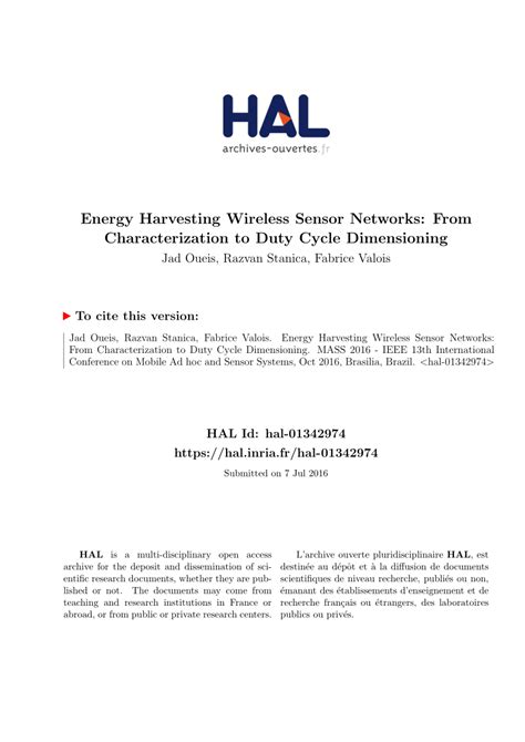 Pdf Energy Harvesting Wireless Sensor Networks From Characterization To Duty Cycle Dimensioning