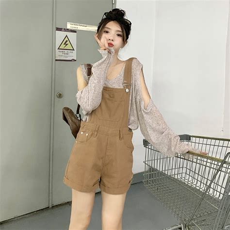 제이리본 부 여름 카고 롤업 팬츠 빈티지 워싱 롤업 포켓 찢어진 헤짐 학생 멜빵 짧은 숏 캐주얼 면 브라운 솔리드 귀여운 반바지 점프수트 오버롤 핫팬츠 진베이지 블랙