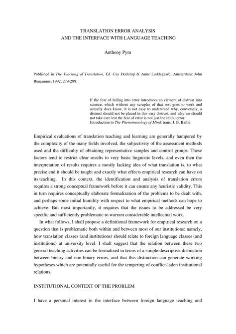 Pdf Translation Error Analysis And The Interface With Language Teaching