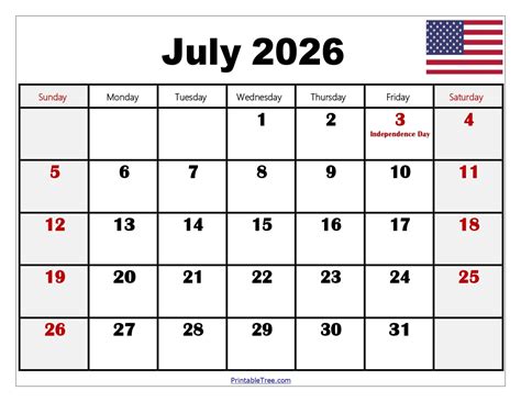 Printable July 2026 Calendar With Holidays 2026