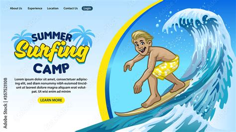 Póster Landing Page Design Of Surfing Summer Camp Concept In Cartoon
