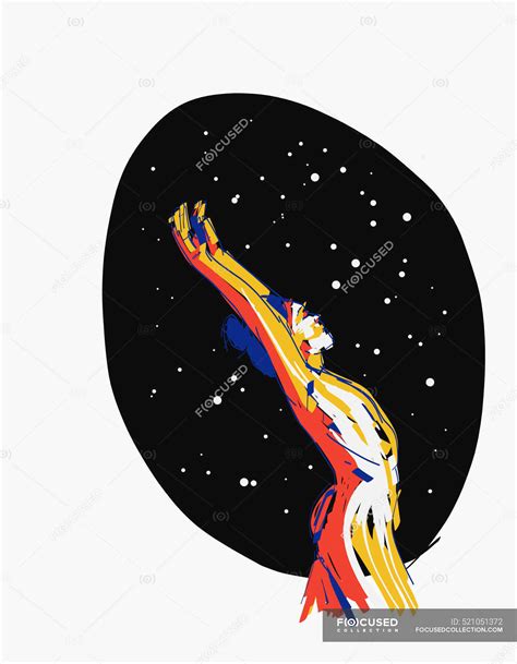 Vector Illustration Of Dreamy Naked Female Standing On Background Of Night Sky With Stars