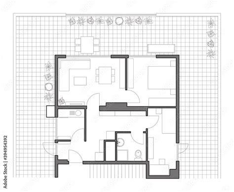 2d Architectural Plan Of A Small Two Bedroom House With A Big Terrace Black And White Layout