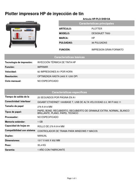 Plotter Hp T650 36 Pulgadas Pdf