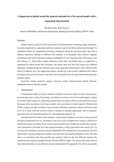 Pdf Comparison Of Global Sensitivity Analysis Methods For A Fire Spread Model With A Segmented