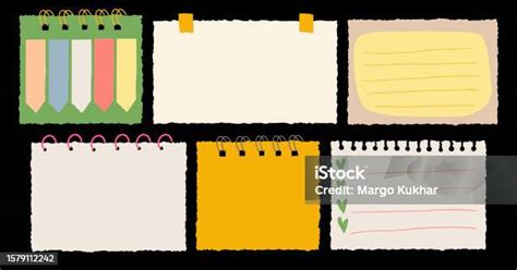찢어진 종이 노트 컬렉션 플래너 스크랩북 일기 일정을 위한 손으로 그린 스티커 레트로 스타일의 귀여운 요소 스케치 드로잉 요소 벡터 만화 격리 된 그림 개념에 대한 스톡