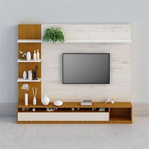 Stylish Low Poly Tv Wall 3d Model Wood And Brick Texture