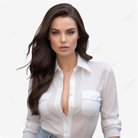 배경에 고립 된 흰 셔츠를 입은 아름다운 젊은 갈색 머리 여자 흰 셔츠를 입은 아름다운 젊은 갈색 머리 여자 흰색 배경에 고립 여성 Png 일러스트 및 이미지 에 대한