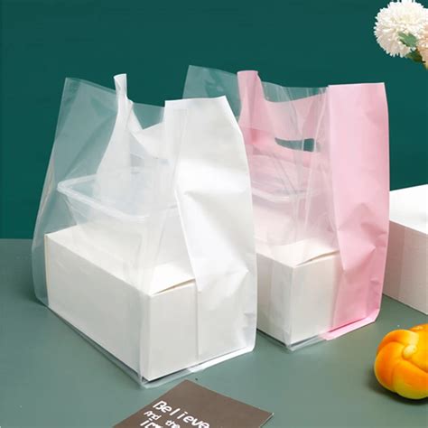 손잡이가 있는 투명 플라스틱 선물 가방 크리스마스 웨딩 파티 선물 가방 캔디 케이크 베이킹 포장 가방 50pcs로트 Aliexpress