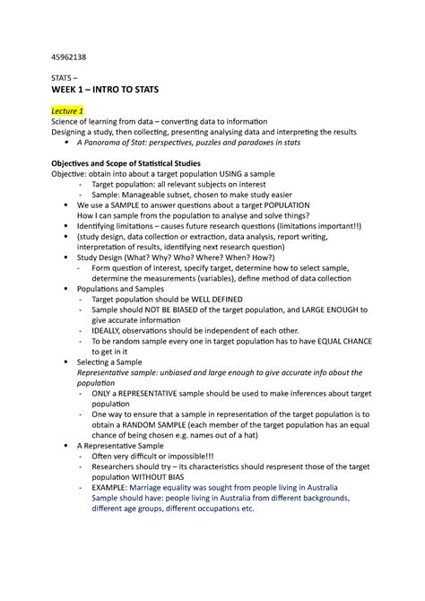 Stats Lecture Notes 1 3 45962138 Stats Week 1 Intro To Stats
