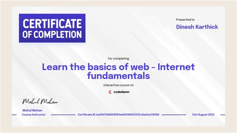 Dinesh Karthicks Certification For Learn The Basics Of Web Internet Fundamentals Codedamn