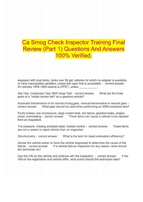 Ca Smog Check Inspector Training Final Review (Part 1) Questions And Answers 100% Verified. - Ca ...