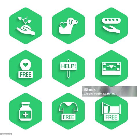 세트 도움 표시 옷 기부 무료 하룻밤 숙박 집 기부 및 자선 단체 약병 알약 심장 음식 및 자원 봉사 팀 나무를 심는 위치 아이콘 벡터 가정의 방에 대한 스톡 벡터 아트 및