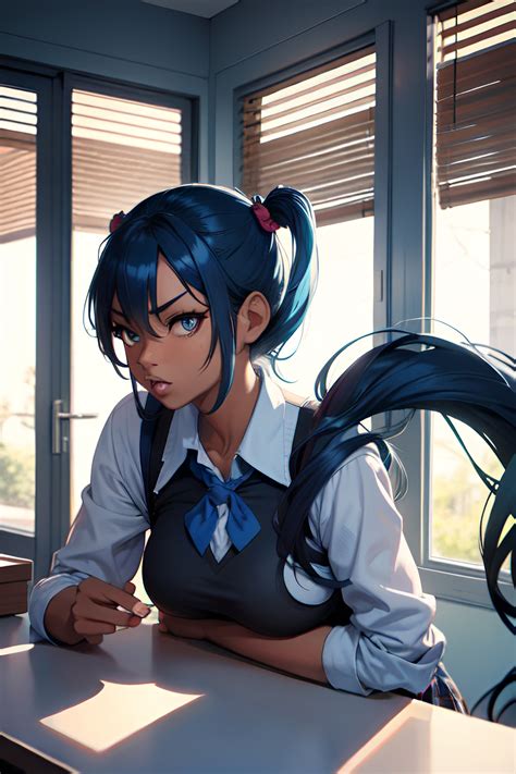 Anime Skinny Huge Boobs 50s Age Angry Face Blue Hair Pigtails Hair