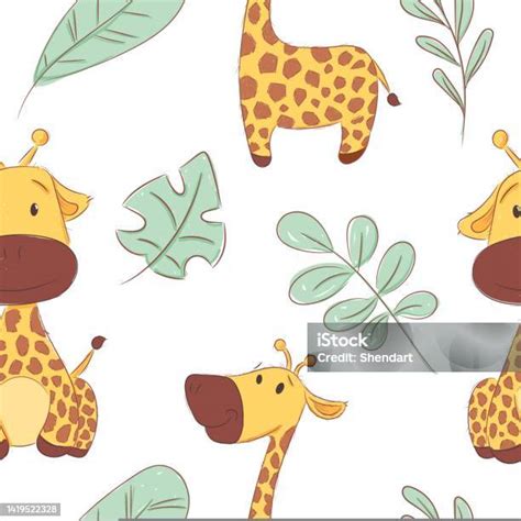 열대 잎이있는 아프리카 기린은 인쇄를위한 완벽한 패턴입니다 어린이 스타일의 어린이 일러스트 핸드 드로잉 벡터 일러스트레이션 귀여운에 대한 스톡 벡터 아트 및 기타 이미지