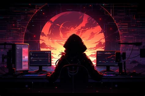 Premium Ai Image Hacker Sitting At The Computer Cyber Security And Antispyware Concept Ai