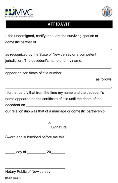 Nj Mvc Form Ba 62 Affidavit Of Surviving Spouse Forms Docs 2023