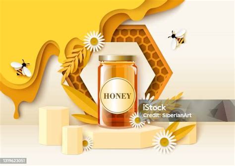 연단에 꿀 유리 항아리 모형 종이 잘라 꿀벌 꽃 벌집 천연 달콤한 시럽 유기농 제품 광고 벡터 꿀에 대한 스톡 벡터 아트 및 기타 이미지 Istock