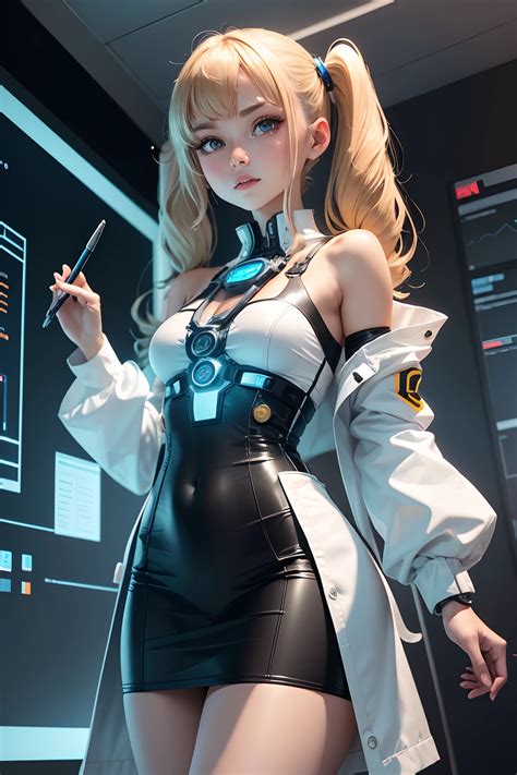 기계 팔과 생체 공학적 눈을 가진 사이보그 교사 흰색 오프숄더 실험복을 입고 홀로그램 태블릿을 들고 있는 모습 대화형 디지털 화이트보드 앞에 서세요 그녀는 복잡한