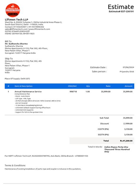 Lift Amc Bill Format Pdf Economy Of India