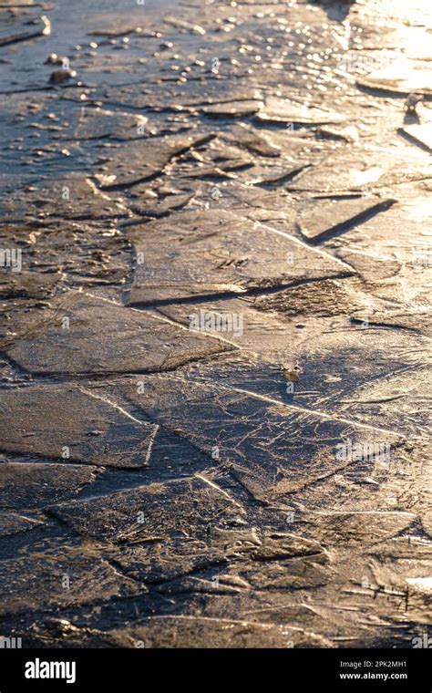 A Large Frozen Puddle In A Farmers Field With Chunks Of Broken Ice Frozen Together In Abstract