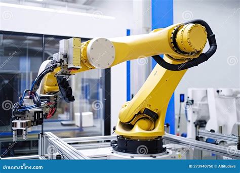 Robotic Arm Assembling Complex Device In Futuristic Factory Stock