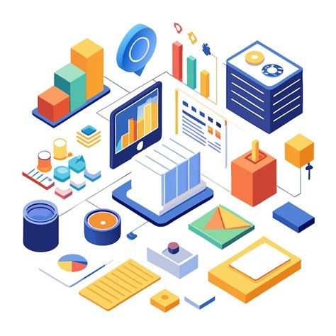 Isometric Illustration Of Data Analysis And Digital Marketing With Various Icons Charts And
