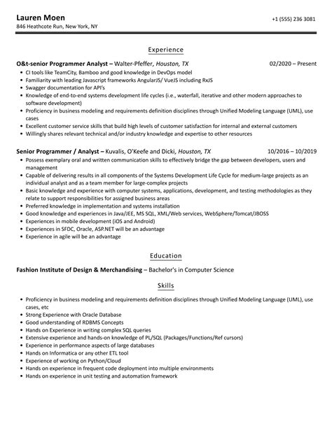 Senior Programmer Analyst Resume Samples Velvet Jobs