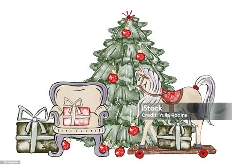 수채화 크리스마스 구성입니다 크리스마스 트리 빈티지 안락 의자 장난감 및 선물 상자 스케치 스타일로 Izolated 손으로 그린 그림 초대장 및 카드 디자인 옷 및 직물