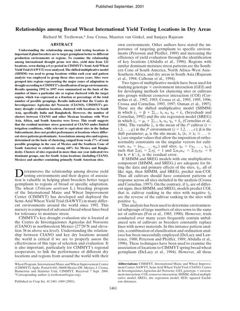 Pdf Relationships Among Bread Wheat International Yield Testing