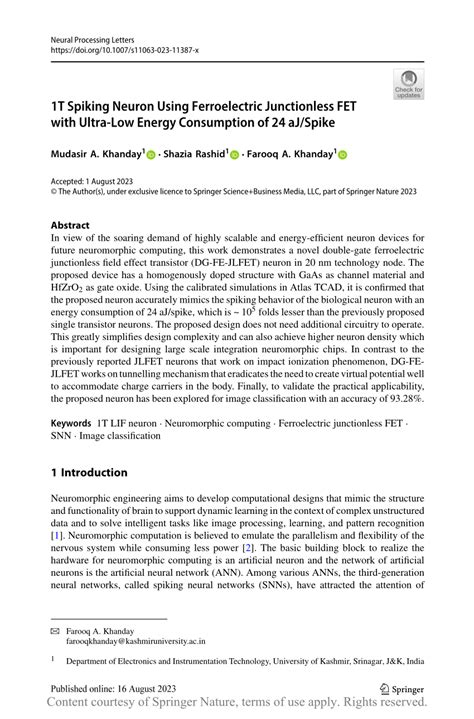 1t Spiking Neuron Using Ferroelectric Junctionless Fet With Ultra Low