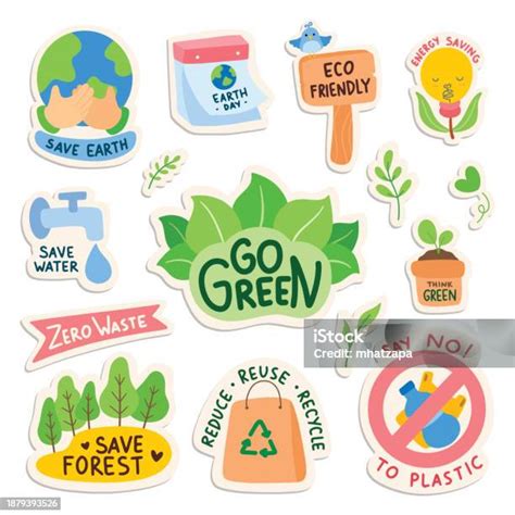 세트 생태학 스티커 슬로건 에 낙서 스타일 벡터 일러스트 레이 션 스티커에 대한 스톡 벡터 아트 및 기타 이미지 스티커