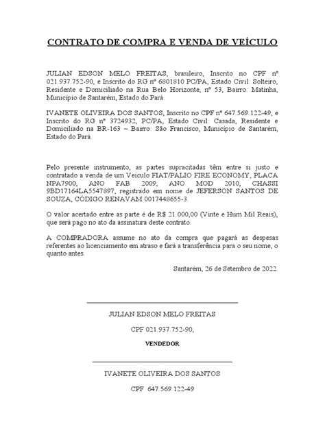 Recibo De Compra E Venda De Ve Culo Modelo Word E Pdf Downloadmodelo