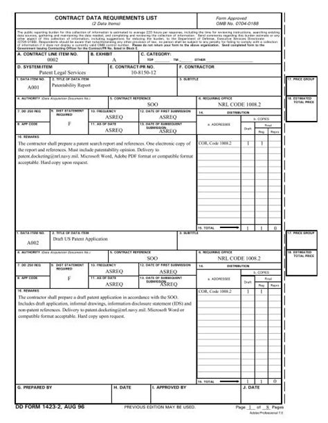 Exhibit A DD Form 1423 Contract Data Requirements U S Navy
