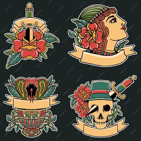 올드 스쿨 문신 세트 프리미엄 벡터