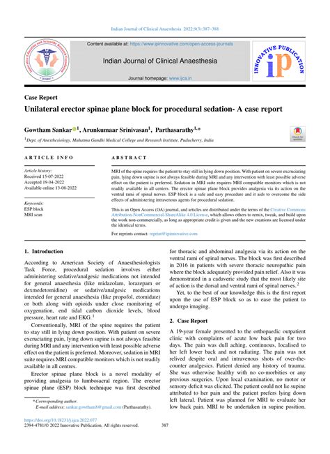 Pdf Unilateral Erector Spinae Plane Block For Procedural Sedation A Case Report