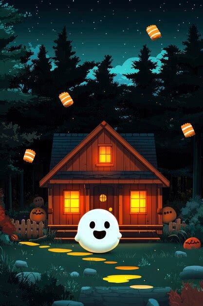 Cute Ghost In Front Of Cabin With Falling Lanterns At Night Premium Ai Generated Image