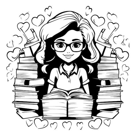 Girl With Glasses And Books In The Form Of Heart Vector Illustration