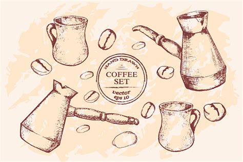 손으로 그린 커피 세트입니다 터키 커피 컵 메이커 컵 및 갈색 배경에 고립 된 커피 콩 벡터 그림입니다 개체 그룹에 대한 스톡 벡터 아트 및 기타 이미지 Istock